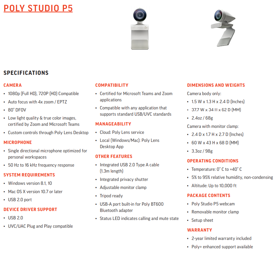 Plantronics 2200-87070-001 Poly Studio P5 Professional Webcam | CPL ...
