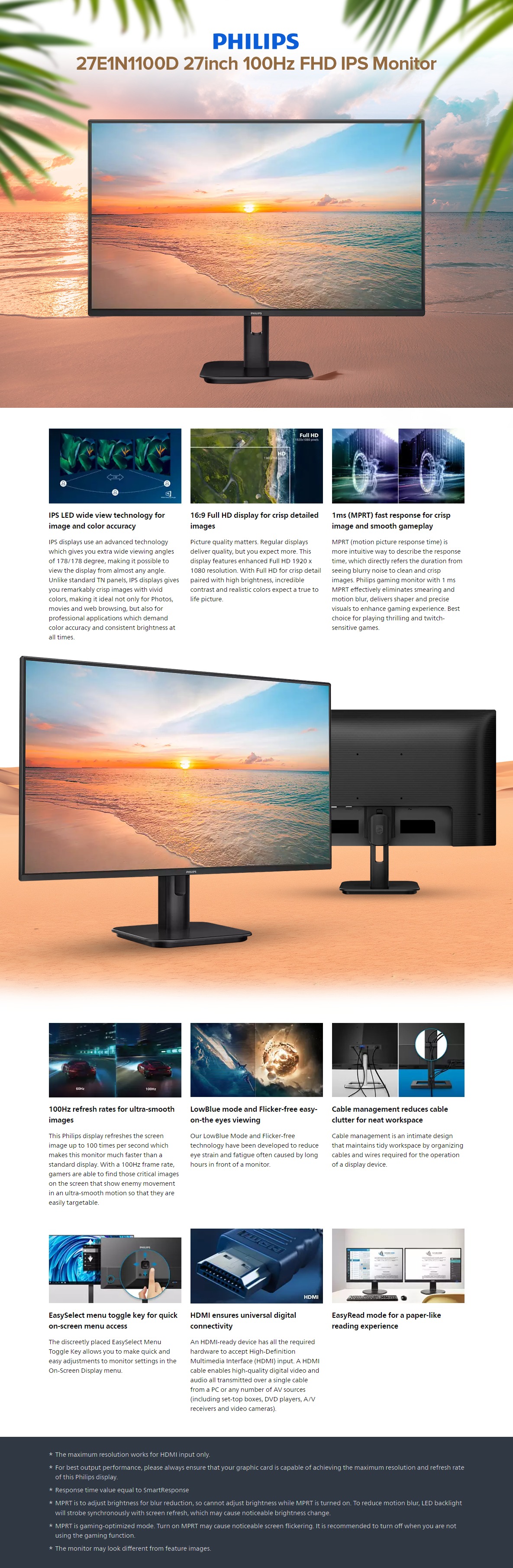 Philips 27E1N1100D 27" FHD 100Hz Adaptive Sync IPS Monitor | CPL Online ...