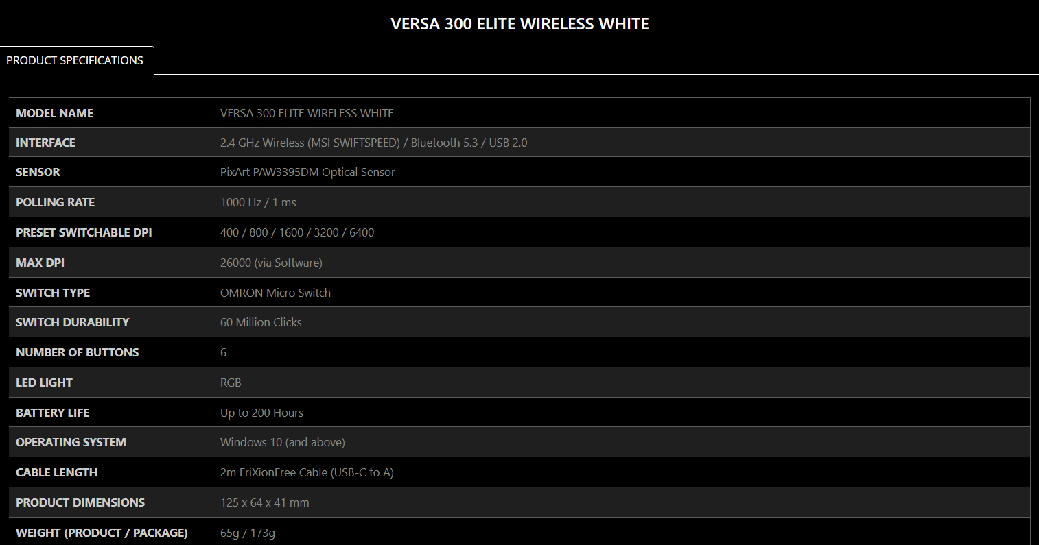MSI Versa 300 Elite W White Wireless Gaming Mouse - CPL Online